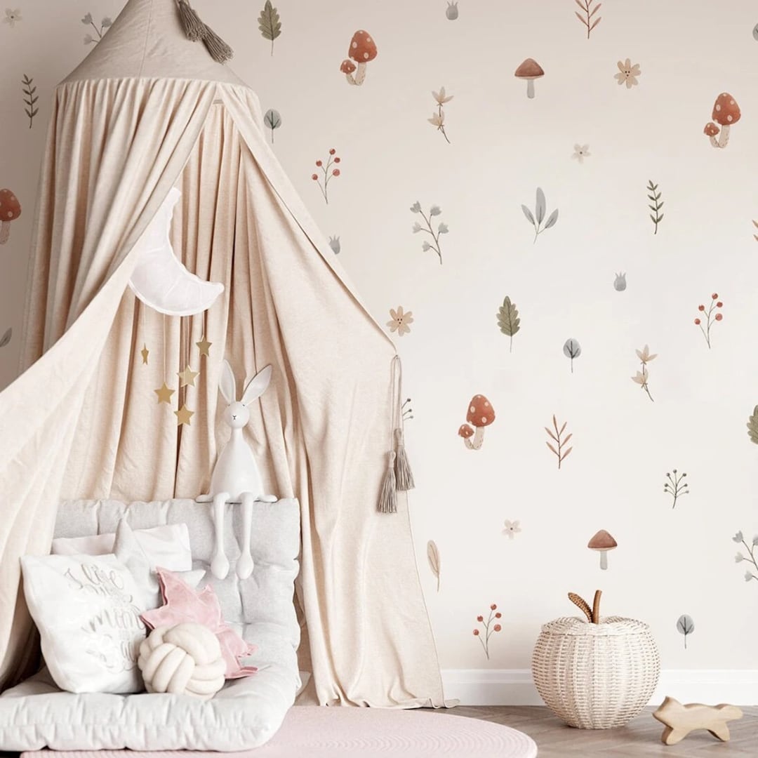 Floral and Mushroom Wall Decals for Kids Room - Removable Nursery Wall ...