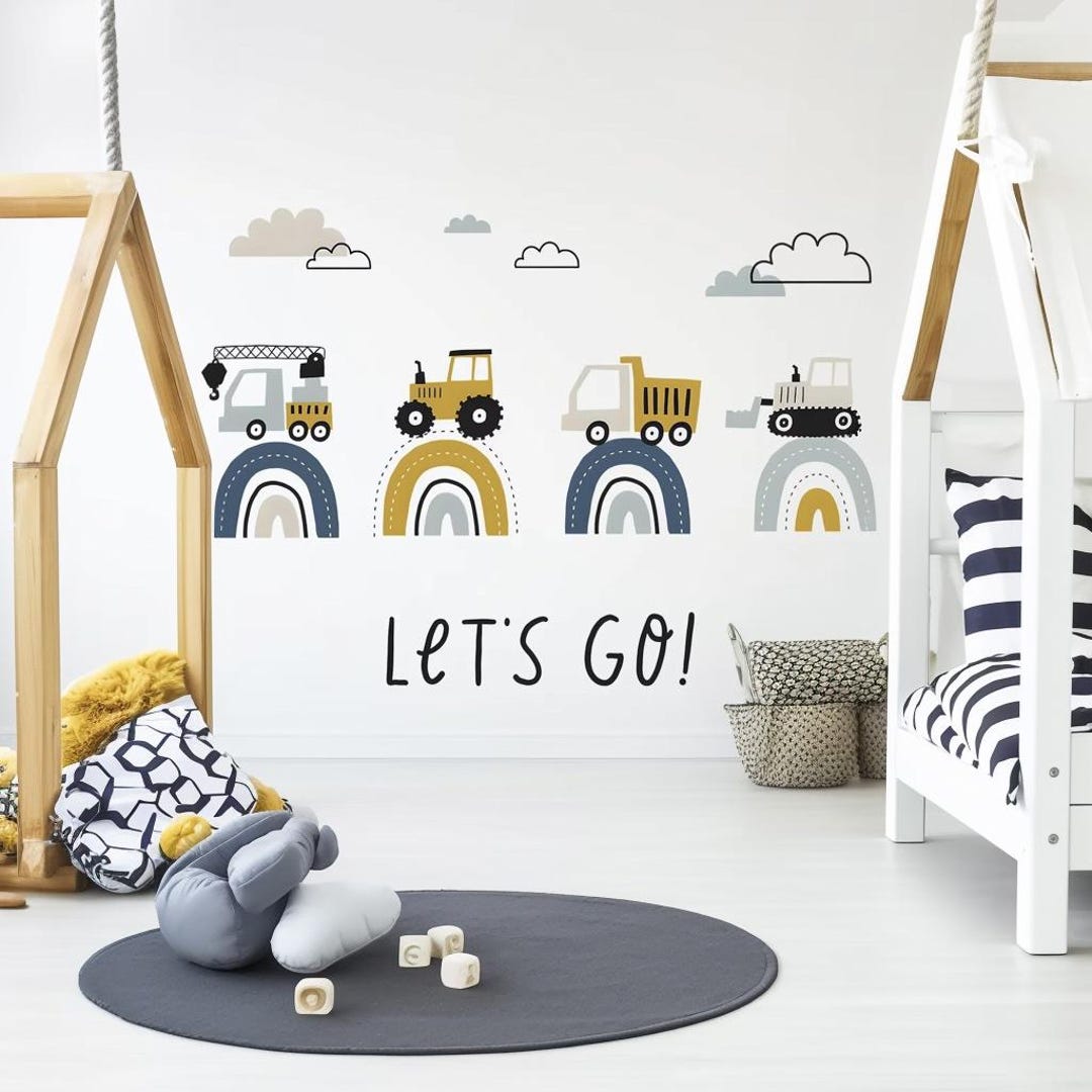 Cartoon Engineering Truck Wall Stickers, Rainbow Vehicle Decals for ...