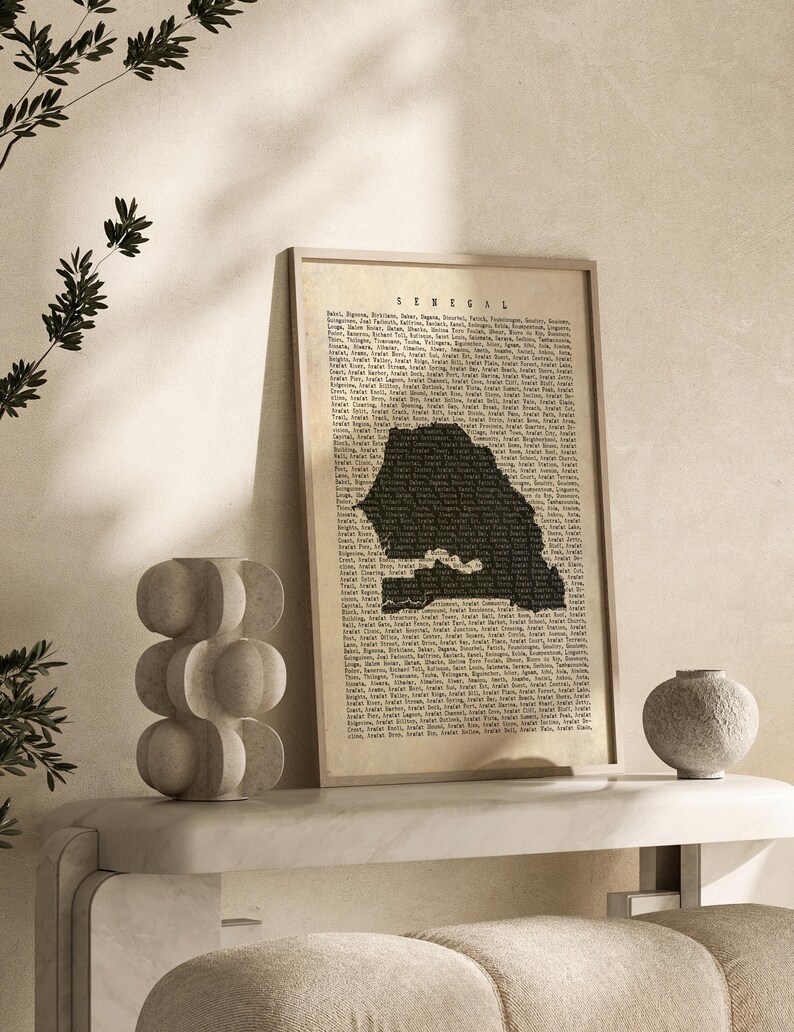 Senegal Map | Vintage Beige Typography Map With City Names | Senegal ...