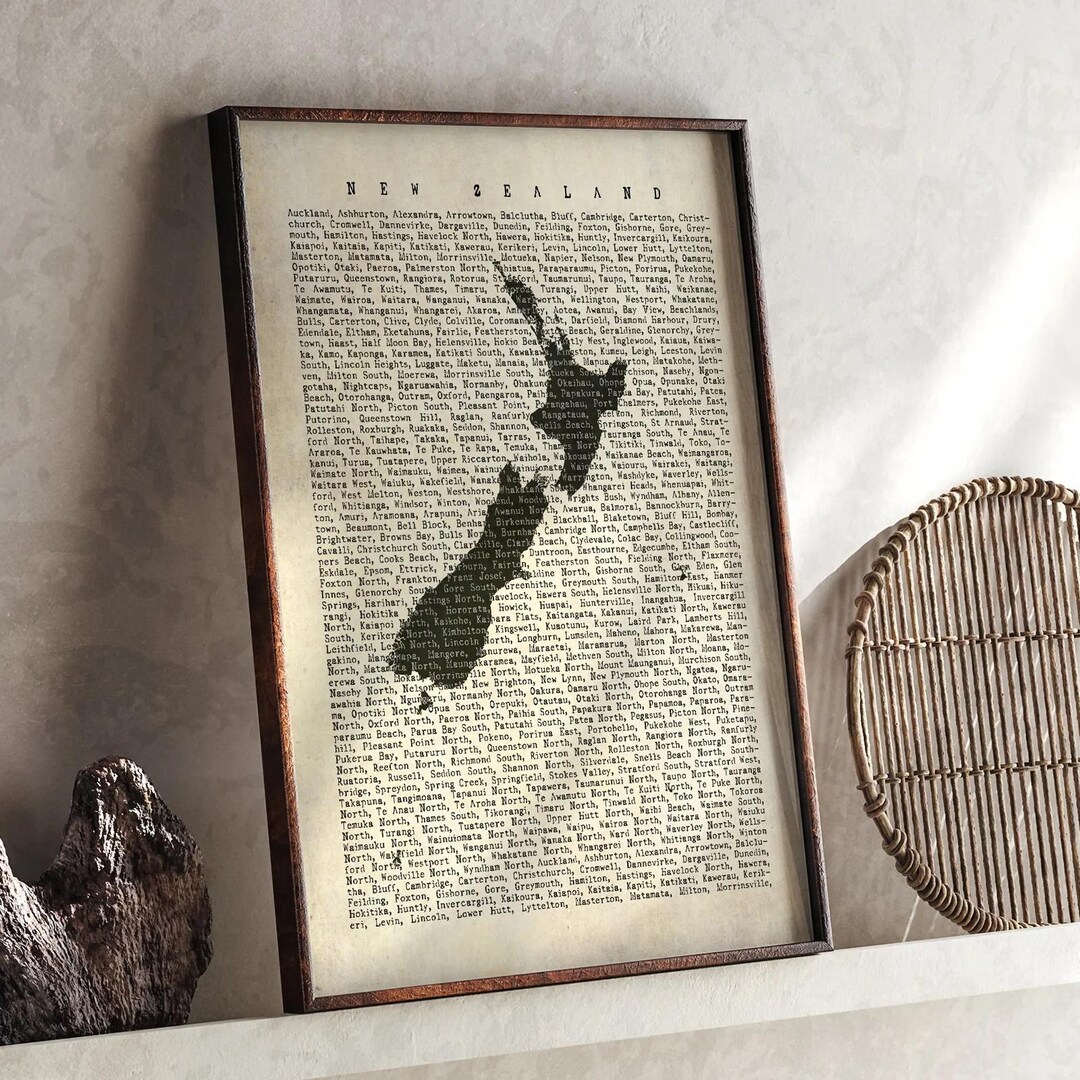 New Zealand Map | Vintage Beige Typography Map With City Names | New ...