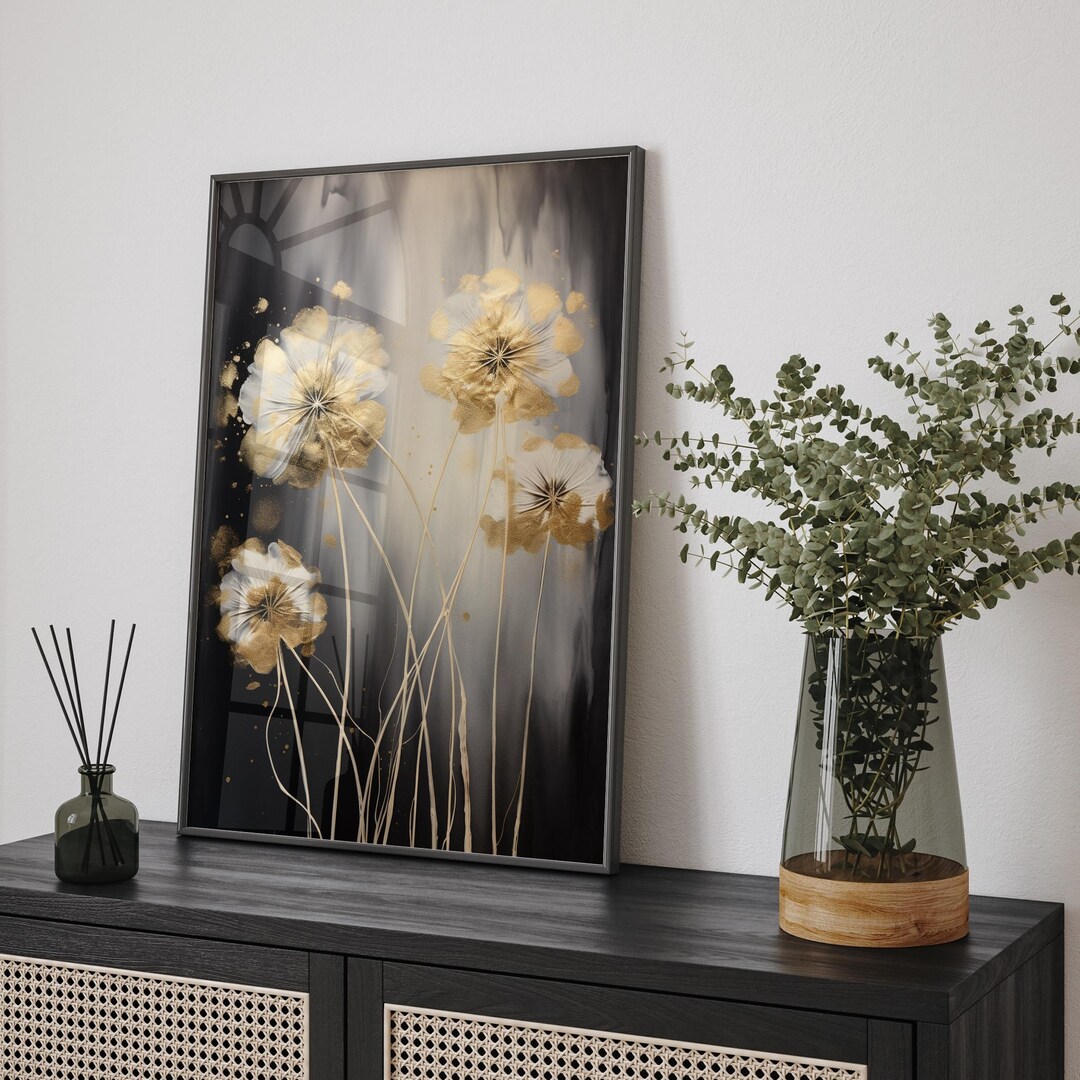 Dandelion Gold and White Flower Wall Art Print on Black Background ...