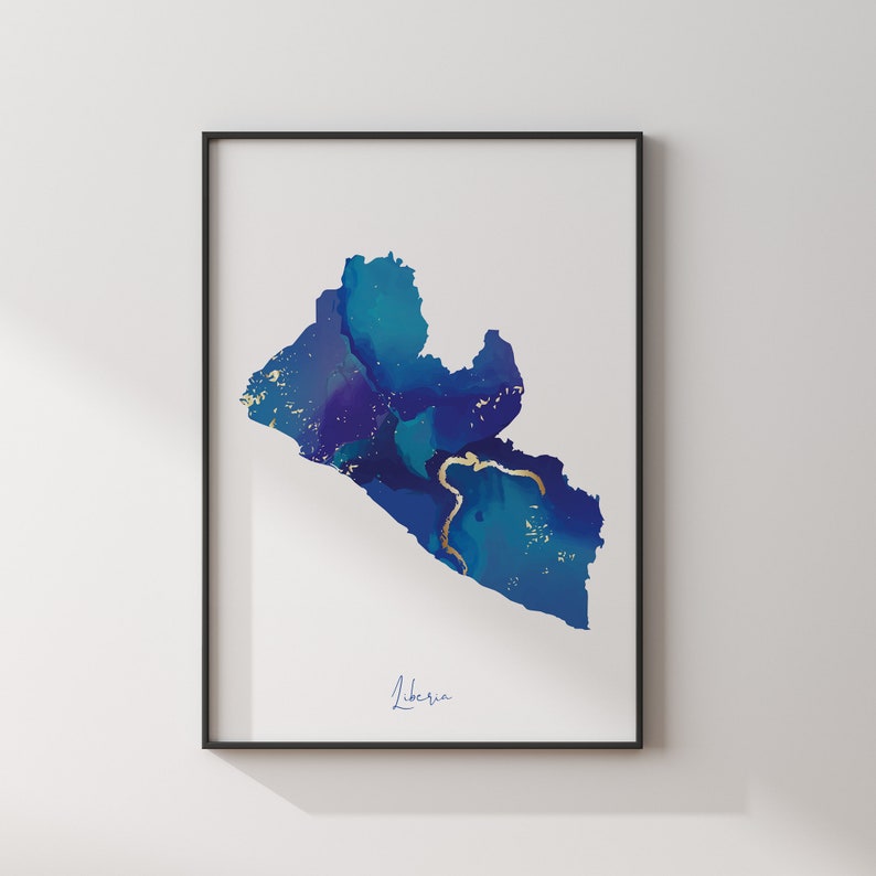 Liberia Map Blue and Gold Wall Art Print - Etsy