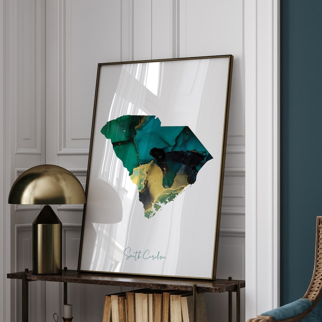 South Carolina Map Emerald Green and Gold Wall Art Print | US State ...