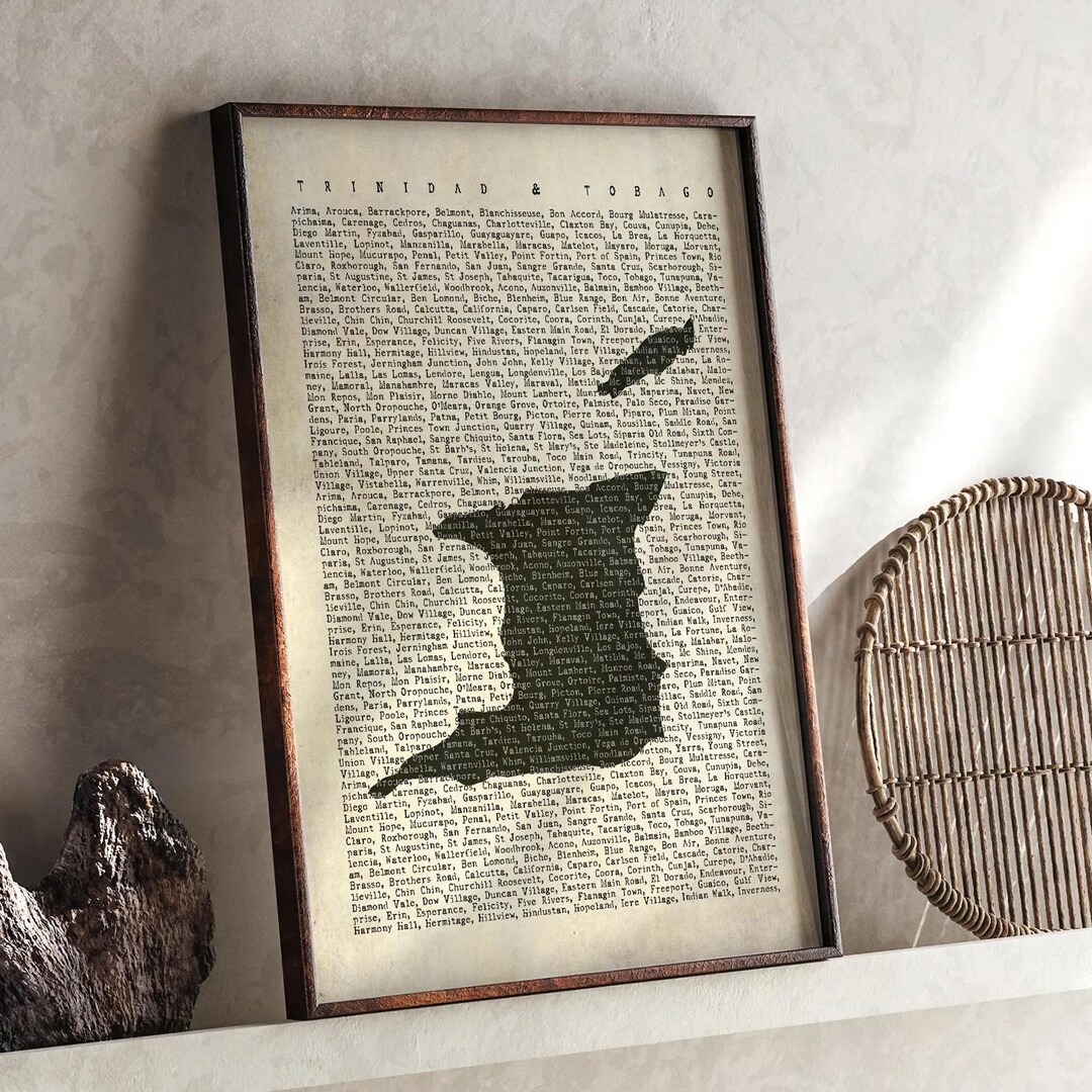 Trinidad and Tobago Map | Vintage Beige Typography Map With City Names ...