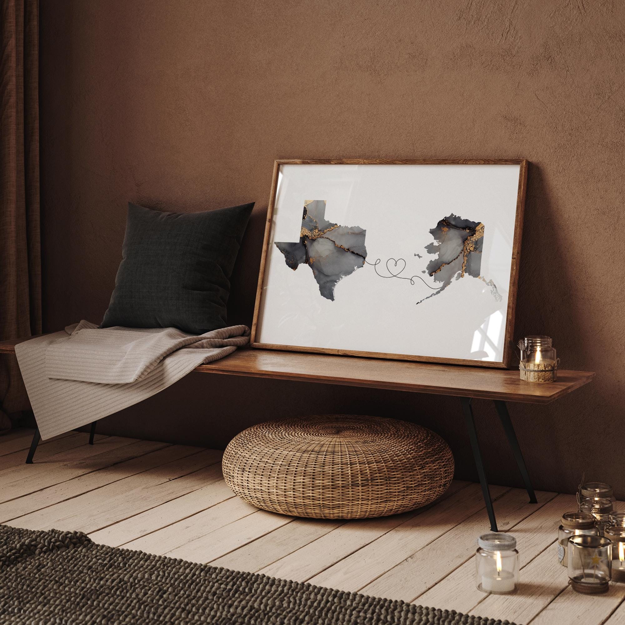 Texas and Alaska Map Black & Gold Travel Wall Art Print | Texas ...