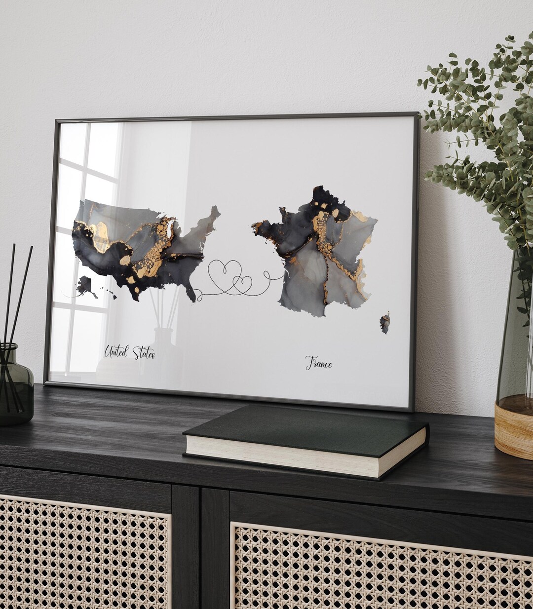 USA and France Map Black & Gold Travel Wall Art Print | United States ...