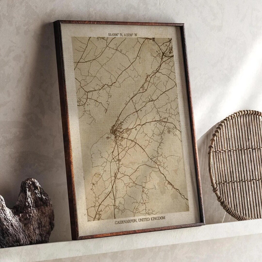 Caernarfon, Wales Map | Vintage Beige Detailed Map Print | United ...