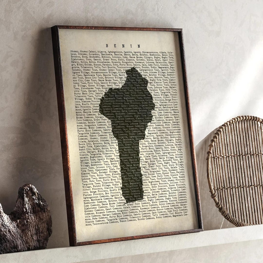 Benin Map | Vintage Beige Typography Map With City Names | Benin Travel ...