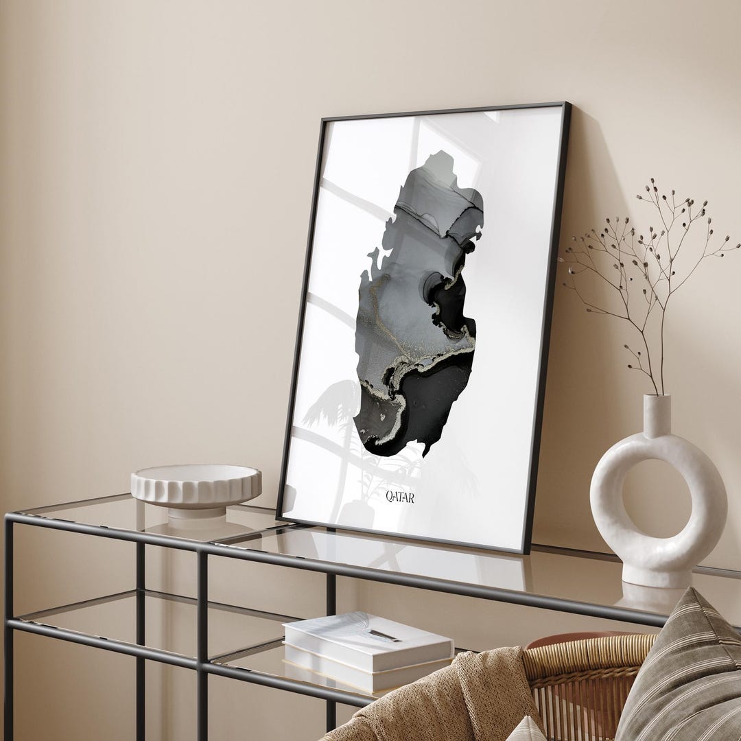 Qatar Map Black & Silver Wall Art Print - Etsy