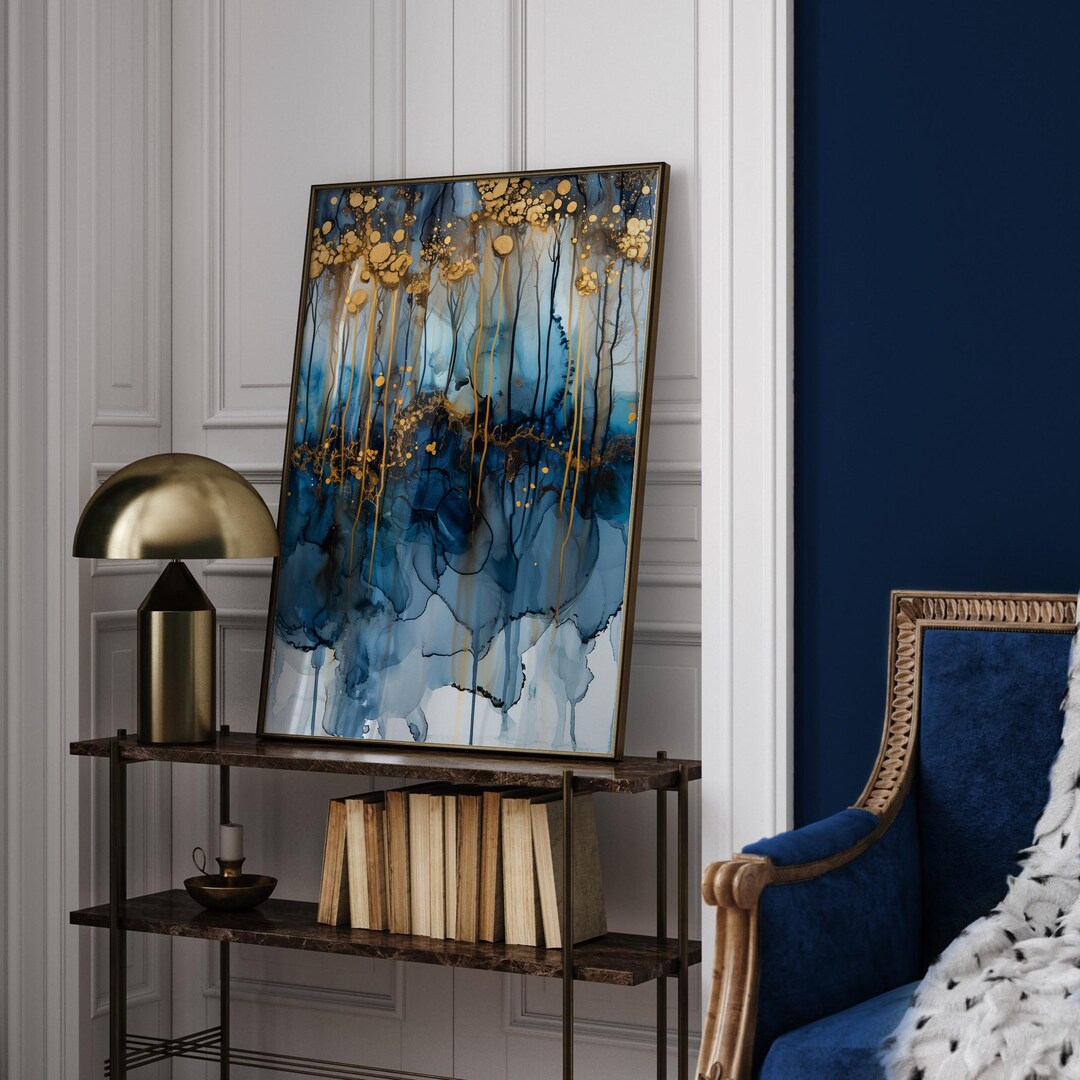 Blue and Gold Drip Abstract Wall Art | Elegant Textured Print | Modern ...