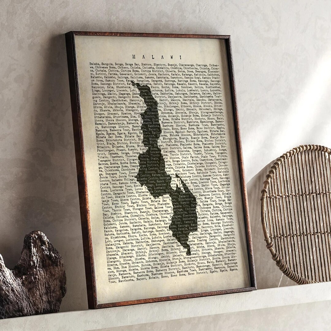 Malawi Map | Vintage Beige Typography Map With City Names | Malawi ...