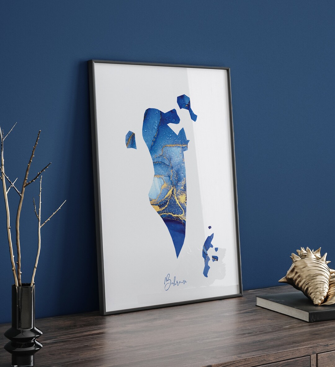 Bahrain Map Blue and Gold Wall Art Print - Etsy