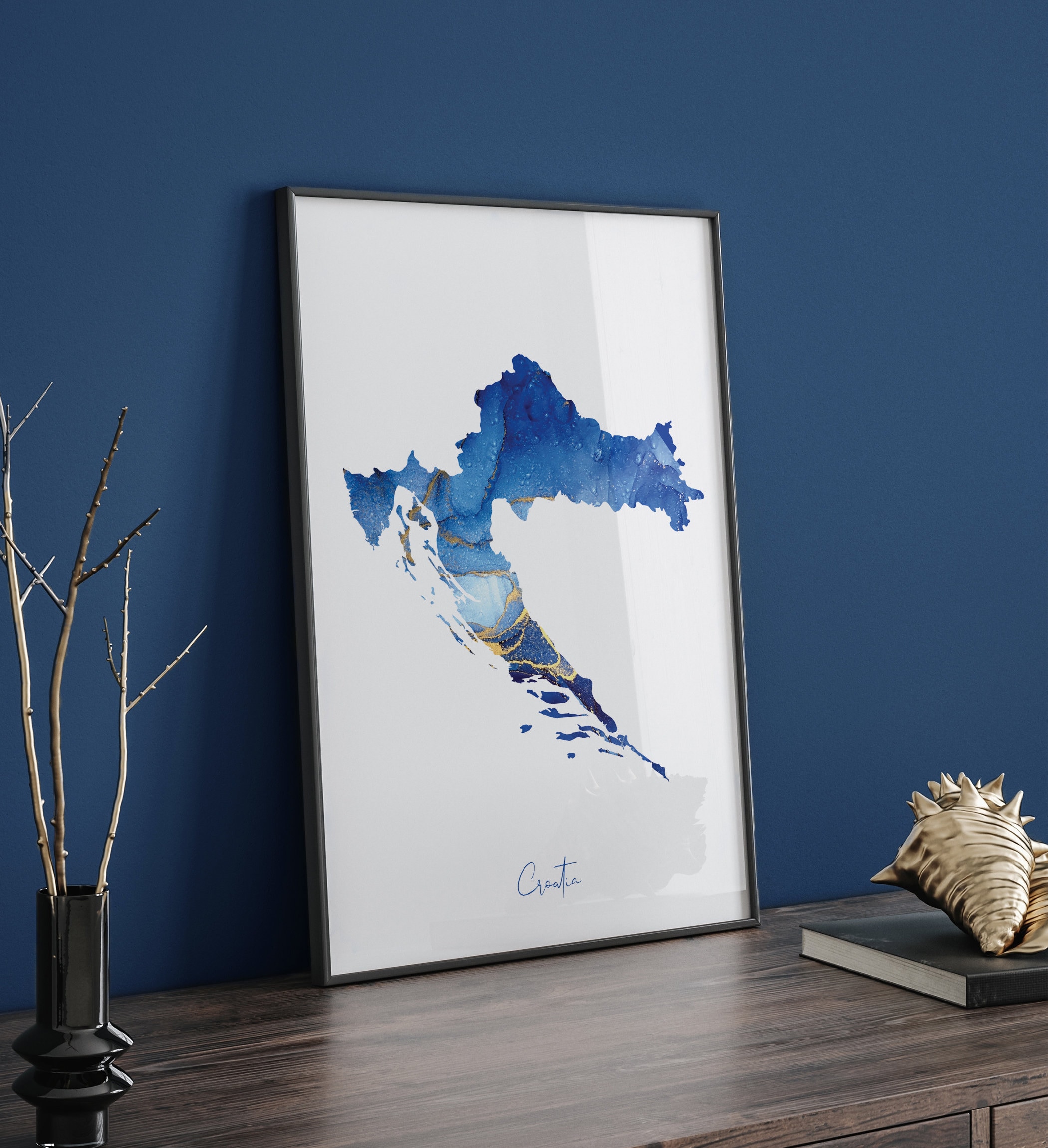 Croatia Map Blue and Gold Wall Art Print - Etsy