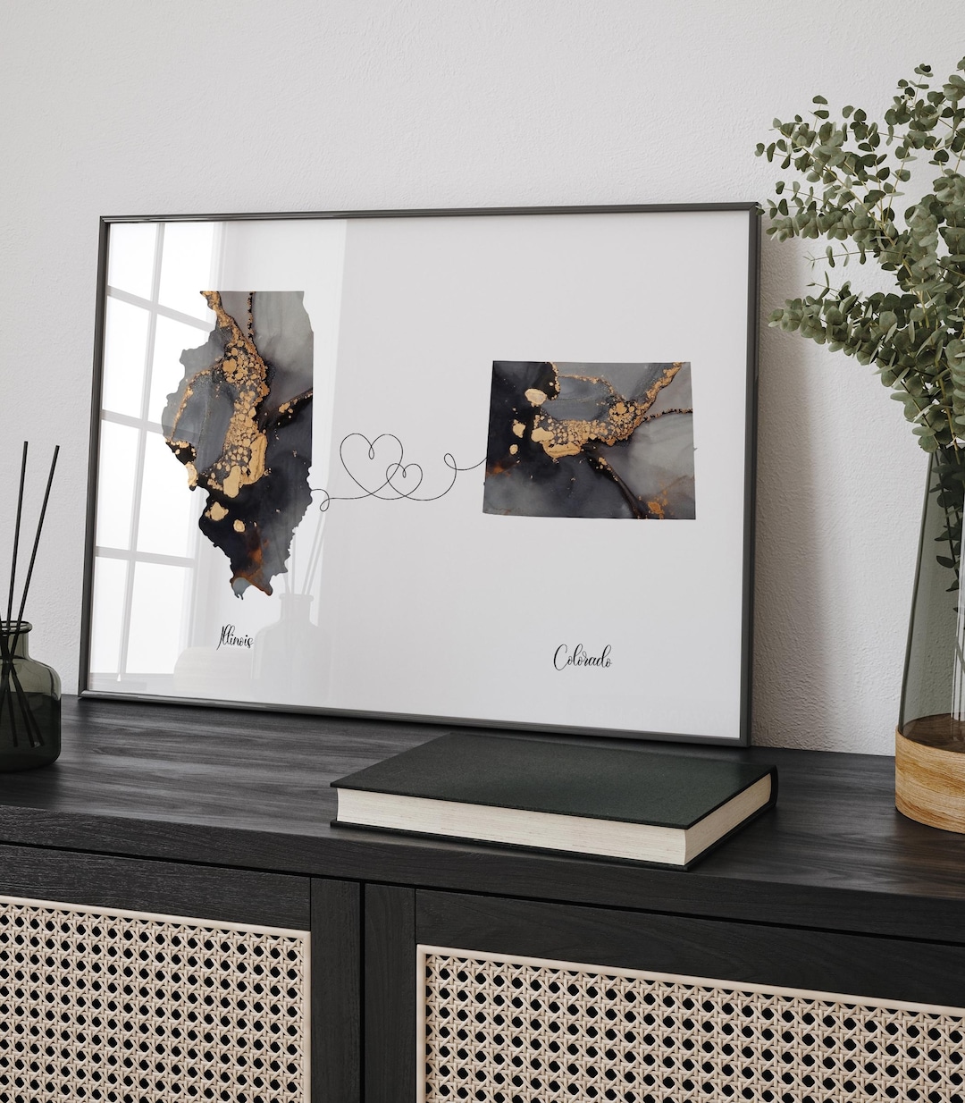 Illinois and Colorado Map Black & Gold Travel Wall Art Print | Illinois ...