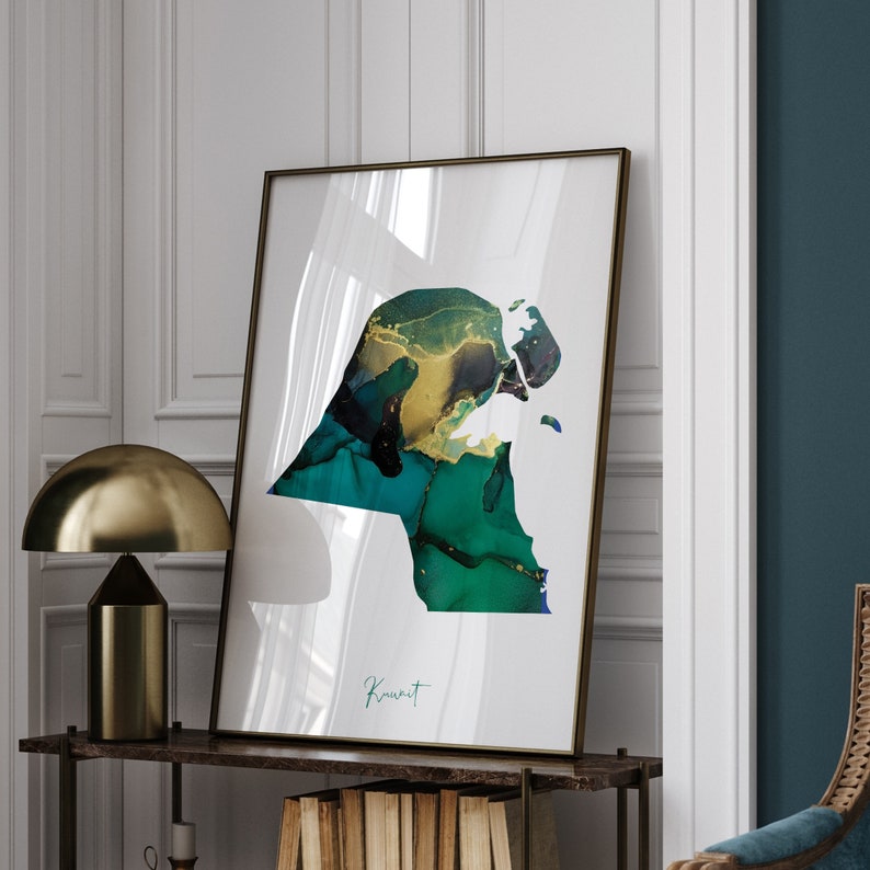 Kuwait Map Emerald Green and Gold Wall Art Print - Etsy