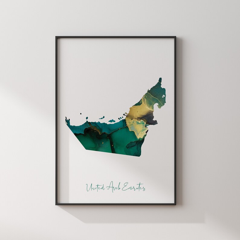 United Arab Emirates Map Emerald Green and Gold Wall Art Print UAE - Etsy