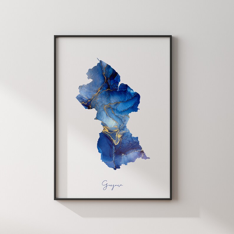 Guyana Map Blue & Gold Wall Art Print - Etsy