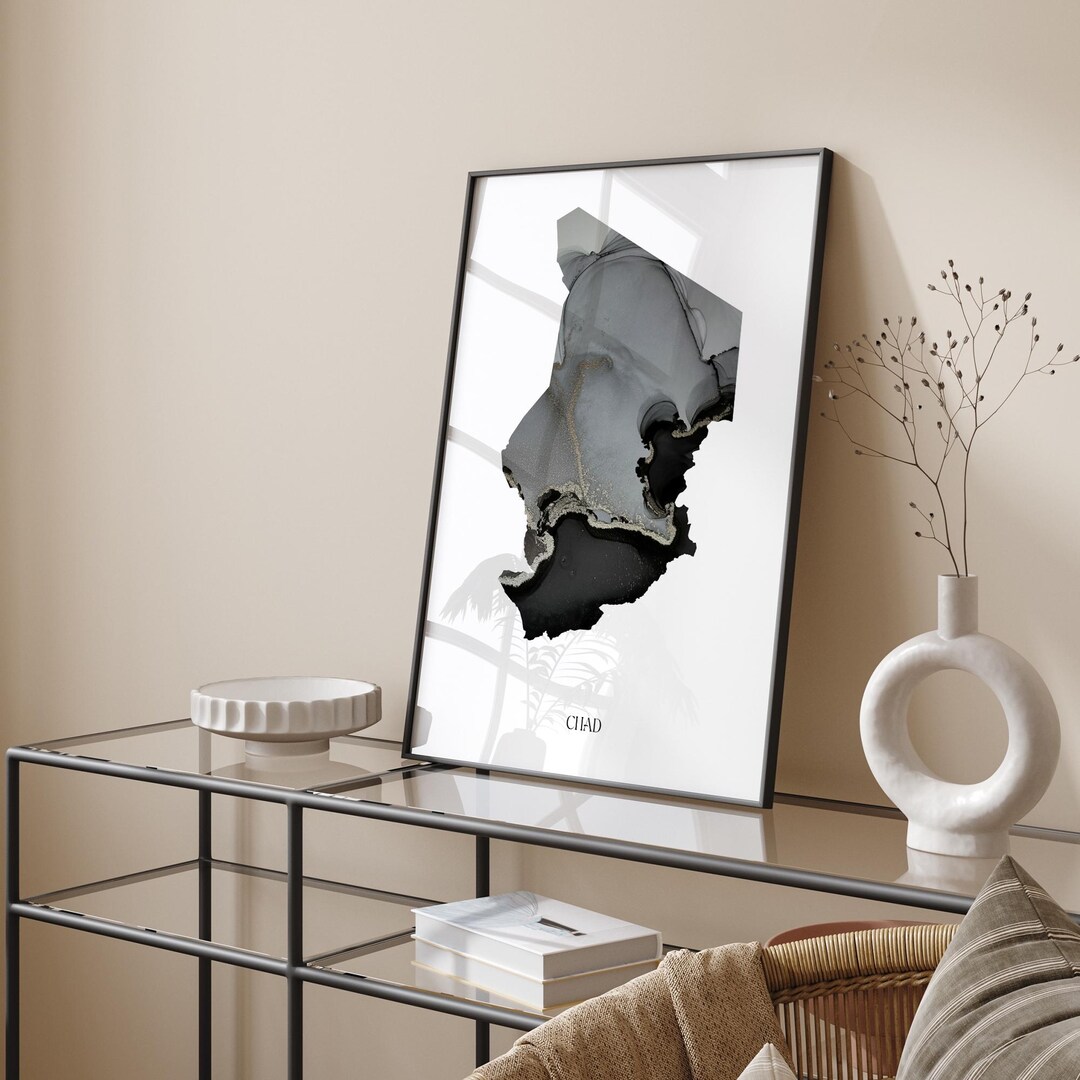 Chad Map Black & Silver Wall Art Print - Etsy