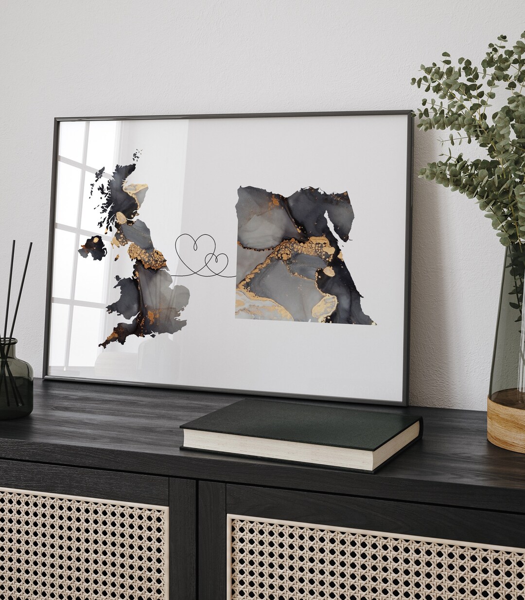 Britain and Egypt Map Black & Gold Travel Wall Art Print | United ...