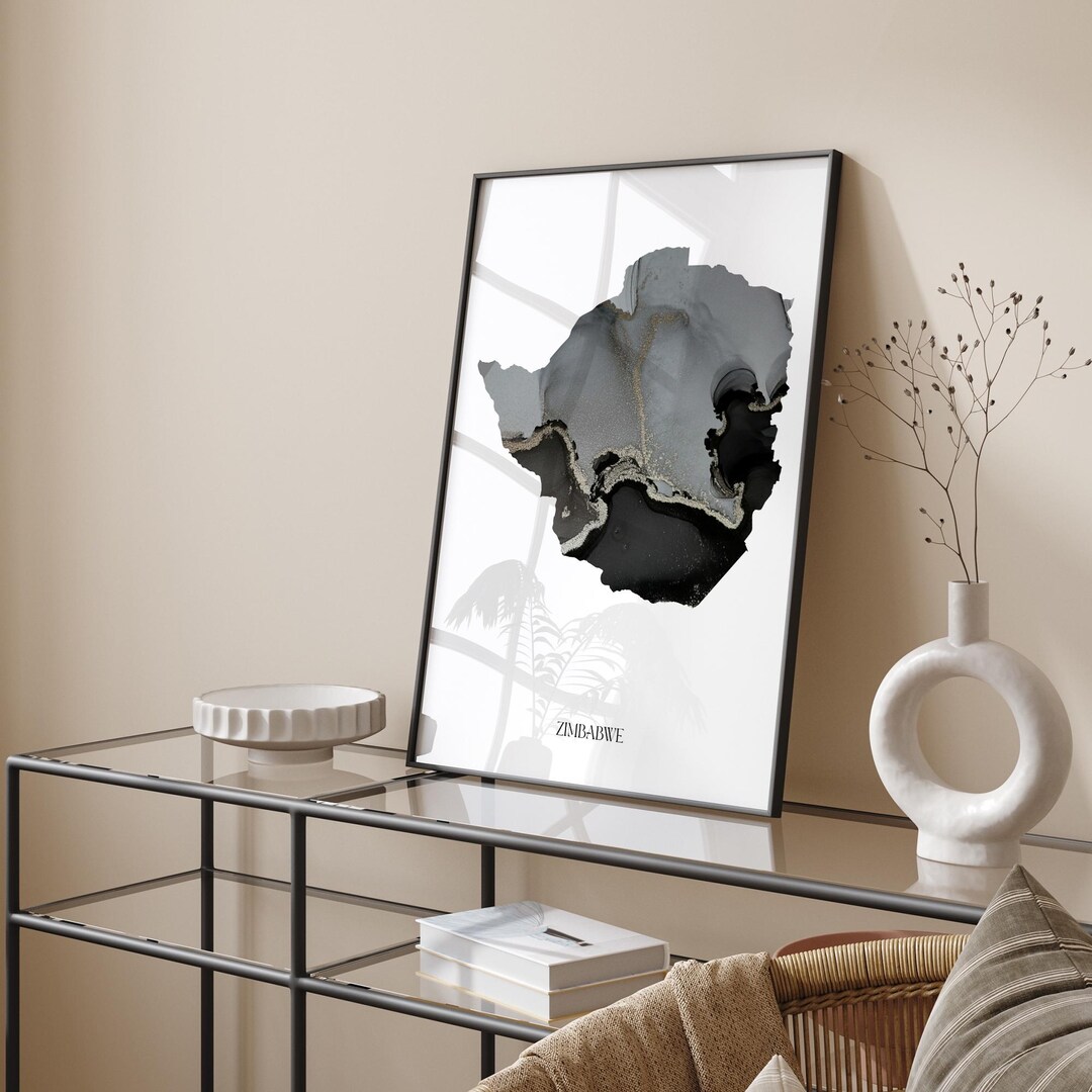 Zimbabwe Map Black & Silver Wall Art Print - Etsy
