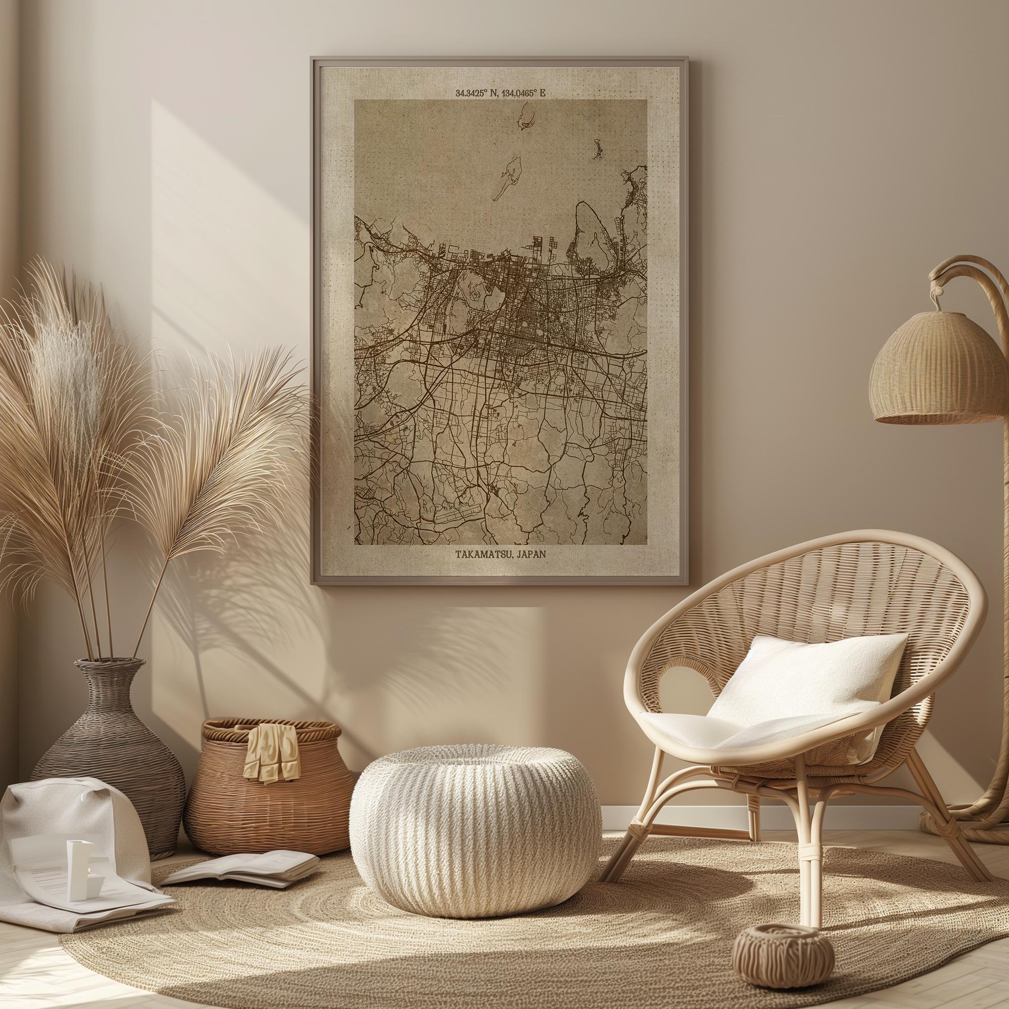 Takamatsu, Kagawa Map | Vintage Beige Detailed Map Print | Japan ...