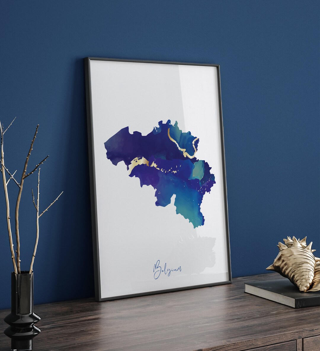 Belgium Map Blue and Gold Wall Art Print - Etsy