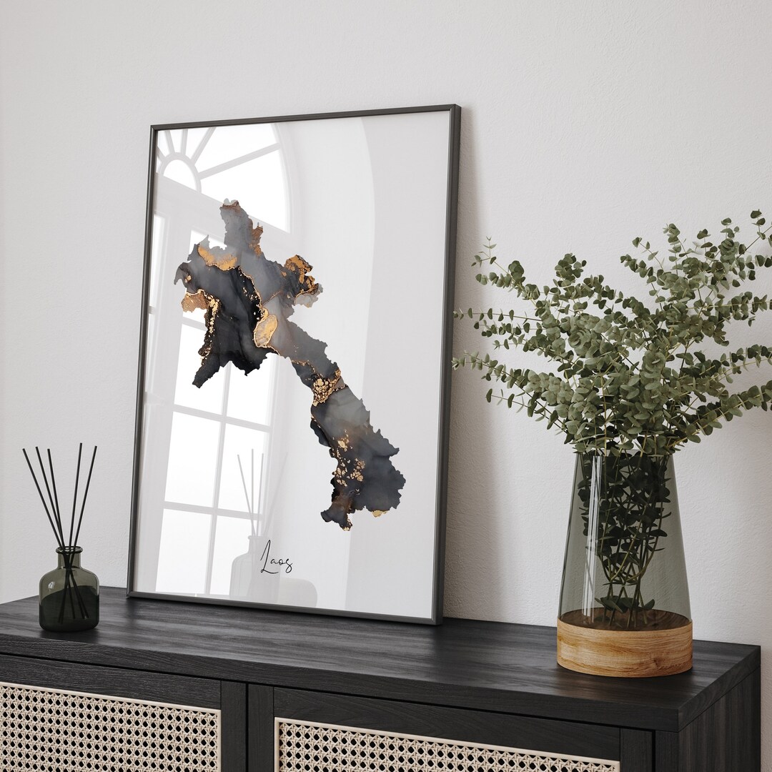 Laos Map Black & Gold Wall Art Print [EV] - Etsy