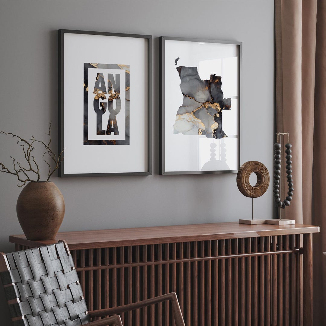 Angola Map Set of 2 Black & Gold Map + Typography Wall Art Prints - Etsy