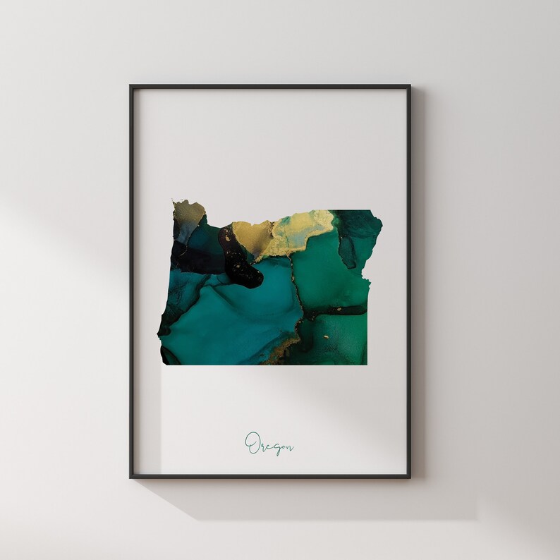 Oregon Map Emerald Green and Gold Wall Art Print | US State | USA ...