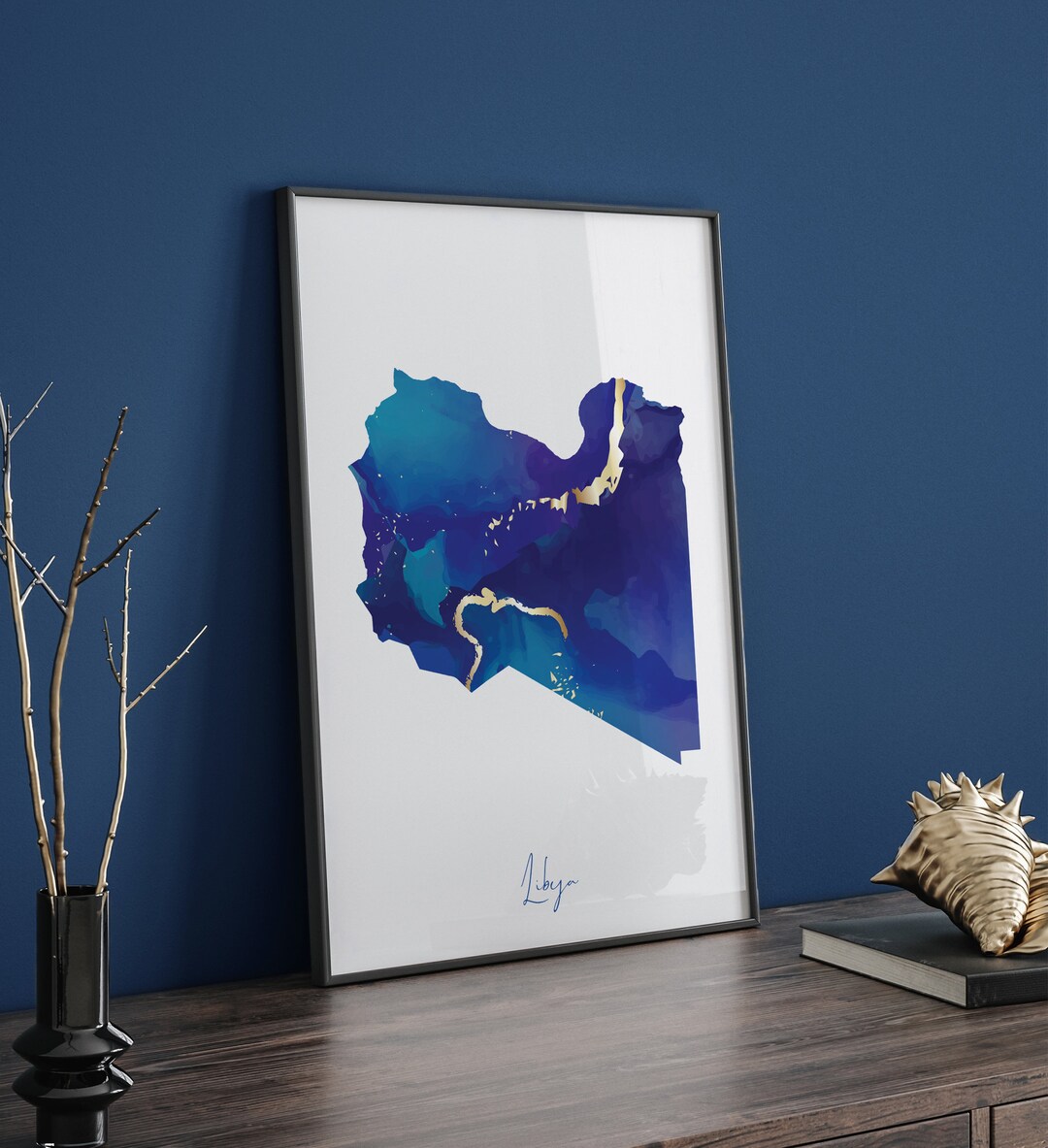 Libya Map Blue and Gold Wall Art Print - Etsy