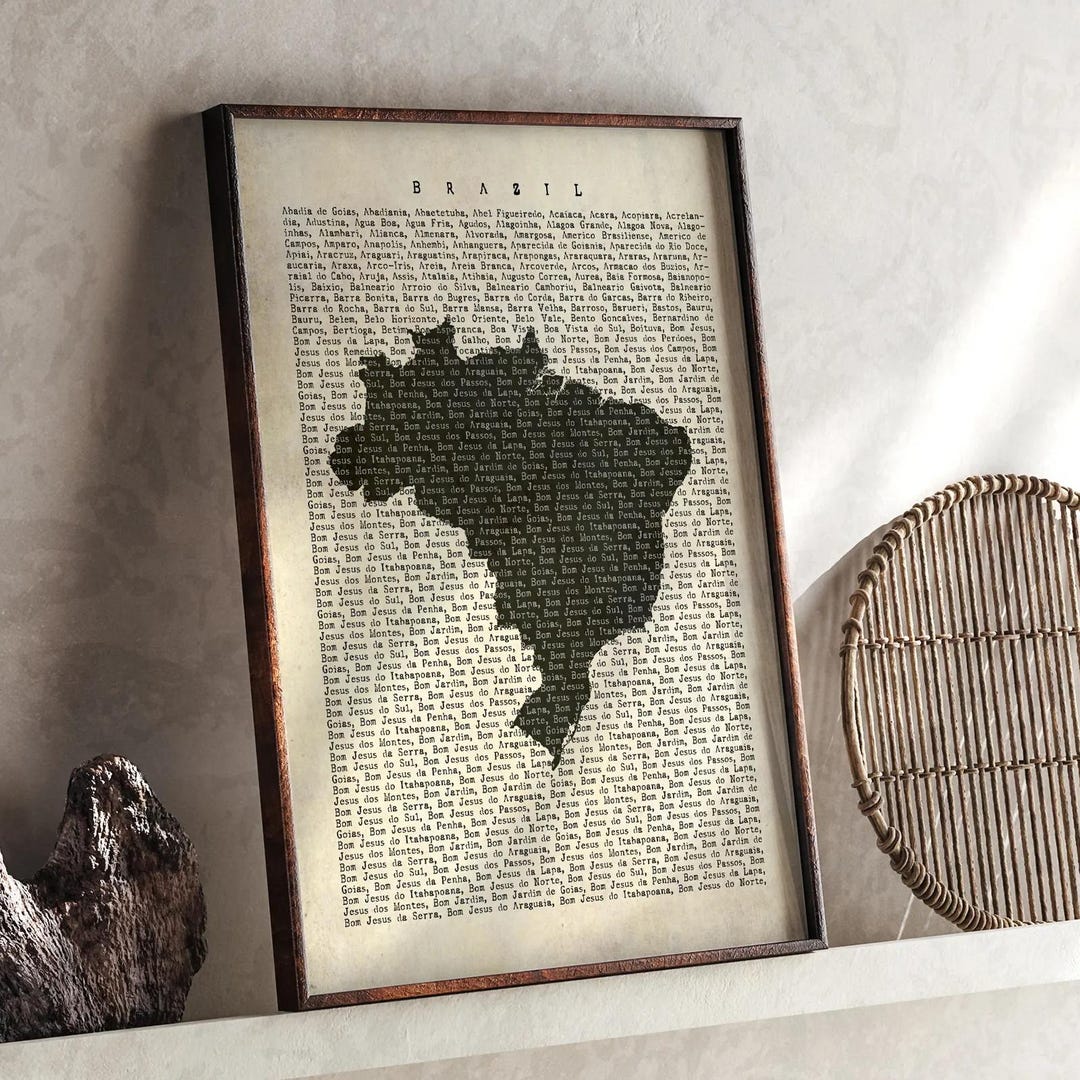 Brazil Map | Vintage Beige Typography Map With City Names | Brazil ...