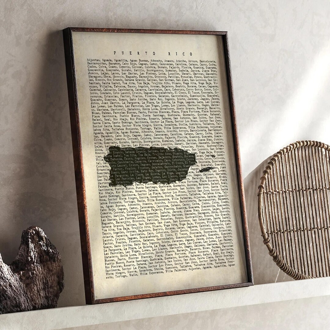 Puerto Rico Map | Vintage Beige Typography Map With City Names | Puerto ...