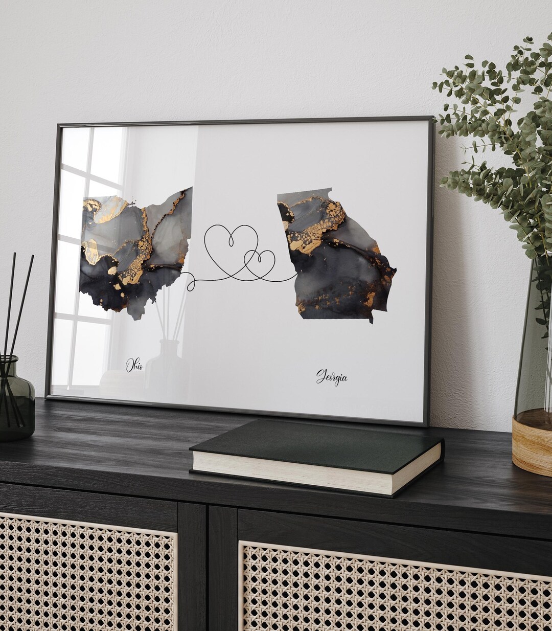 Ohio and Georgia Map Black & Gold Travel Wall Art Print | Ohio| Travel ...