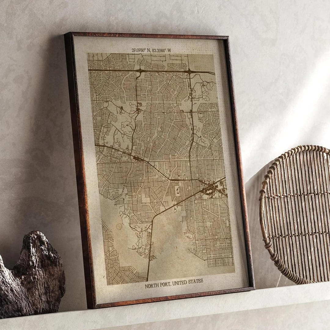 North Port, Florida Map | Vintage Beige Detailed Map Print | United ...