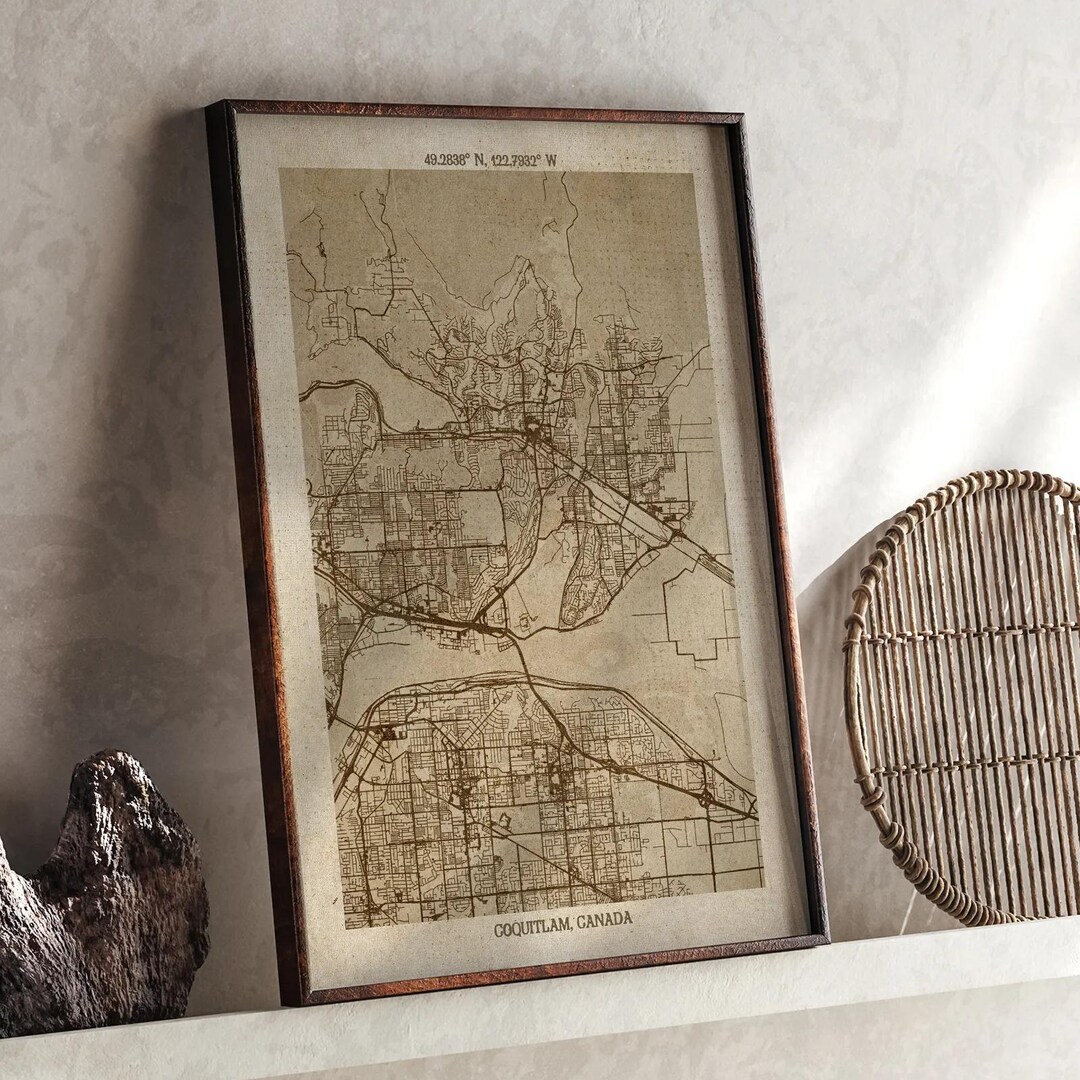 Coquitlam, British Columbia Map | Vintage Beige Detailed Map Print ...