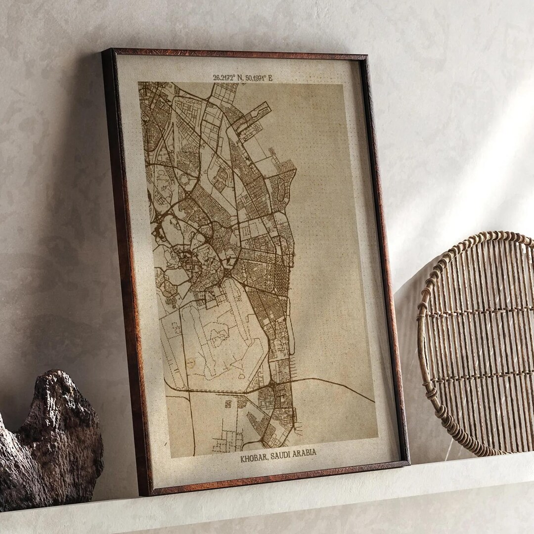 Khobar, Eastern Map | Vintage Beige Detailed Map Print | Saudi Arabia ...