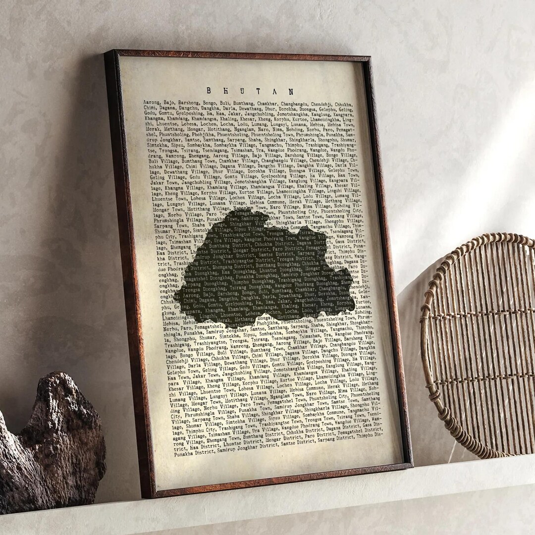 Bhutan Map | Vintage Beige Typography Map With City Names | Bhutan ...