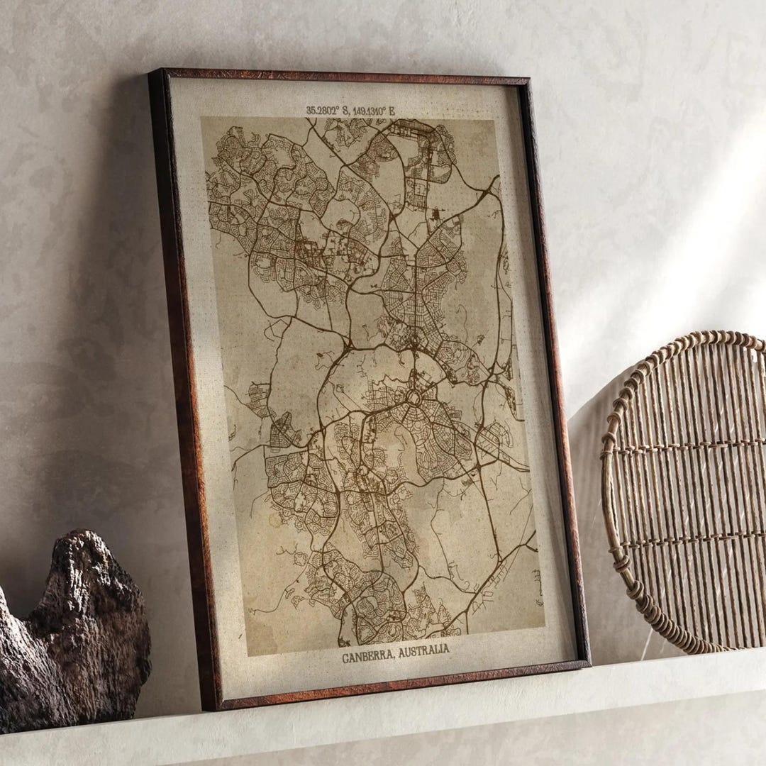 Canberra, ACT Map | Vintage Beige Detailed Map Print | Australia ...