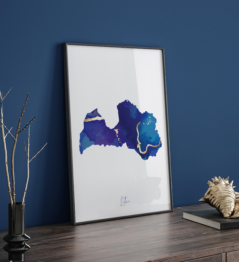 Latvia Map Blue and Gold Wall Art Print - Etsy