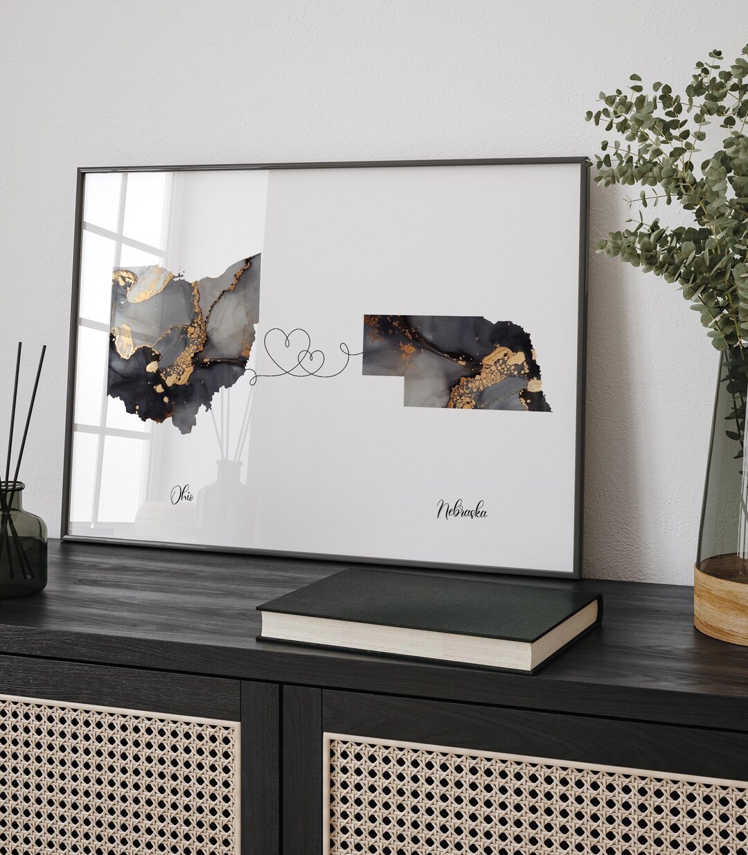 Ohio and Nebraska Map Black & Gold Travel Wall Art Print | Ohio| Travel ...