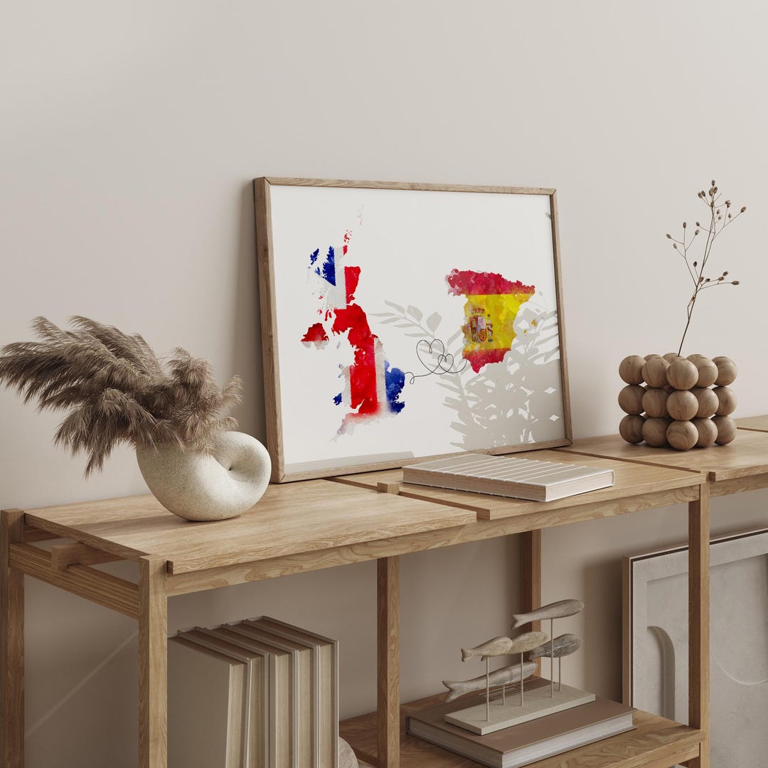 Uk to spain Watercolour Flag Map Wall Art Print | United Kingdom to ...