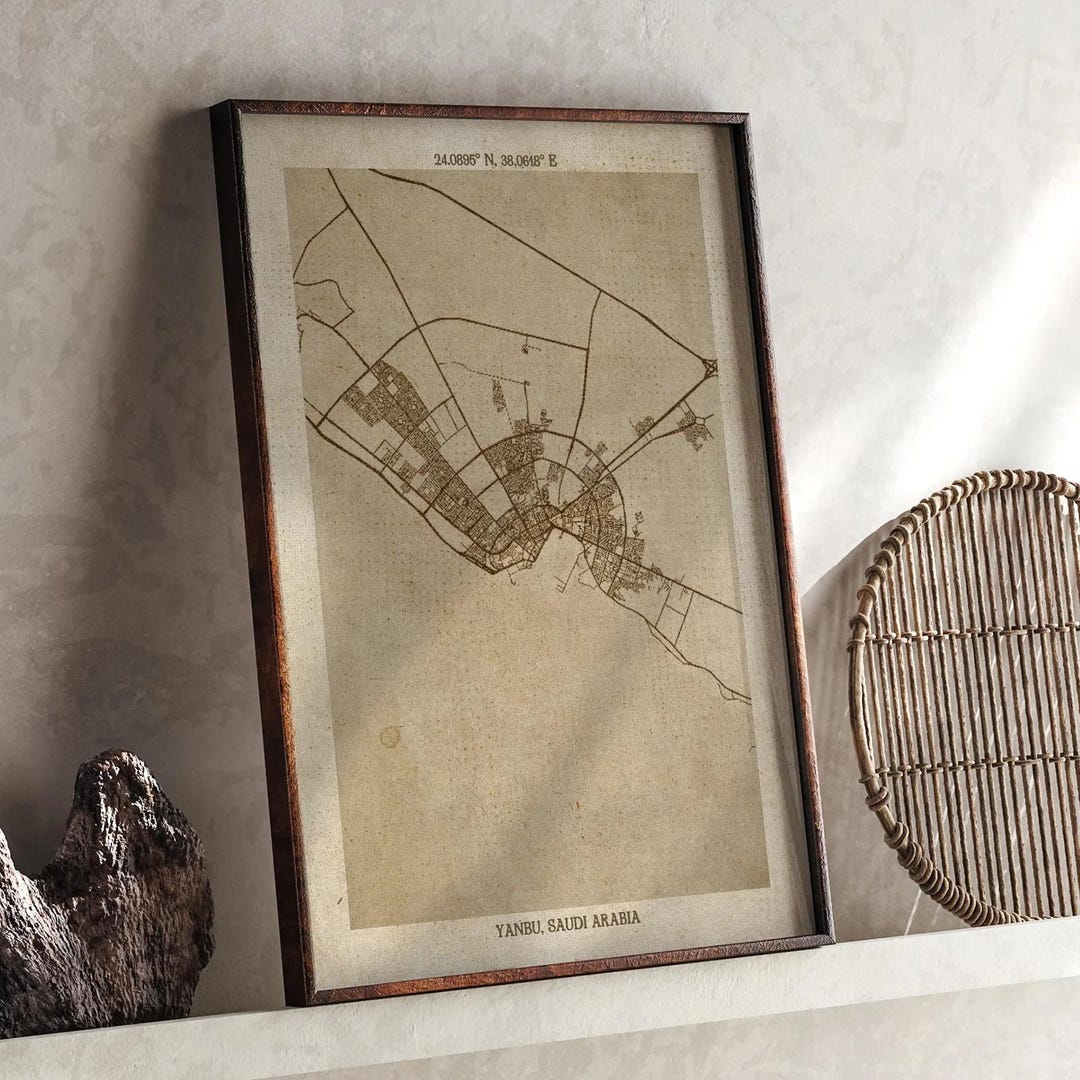 Yanbu, Al Madinah Map | Vintage Beige Detailed Map Print | Saudi Arabia ...