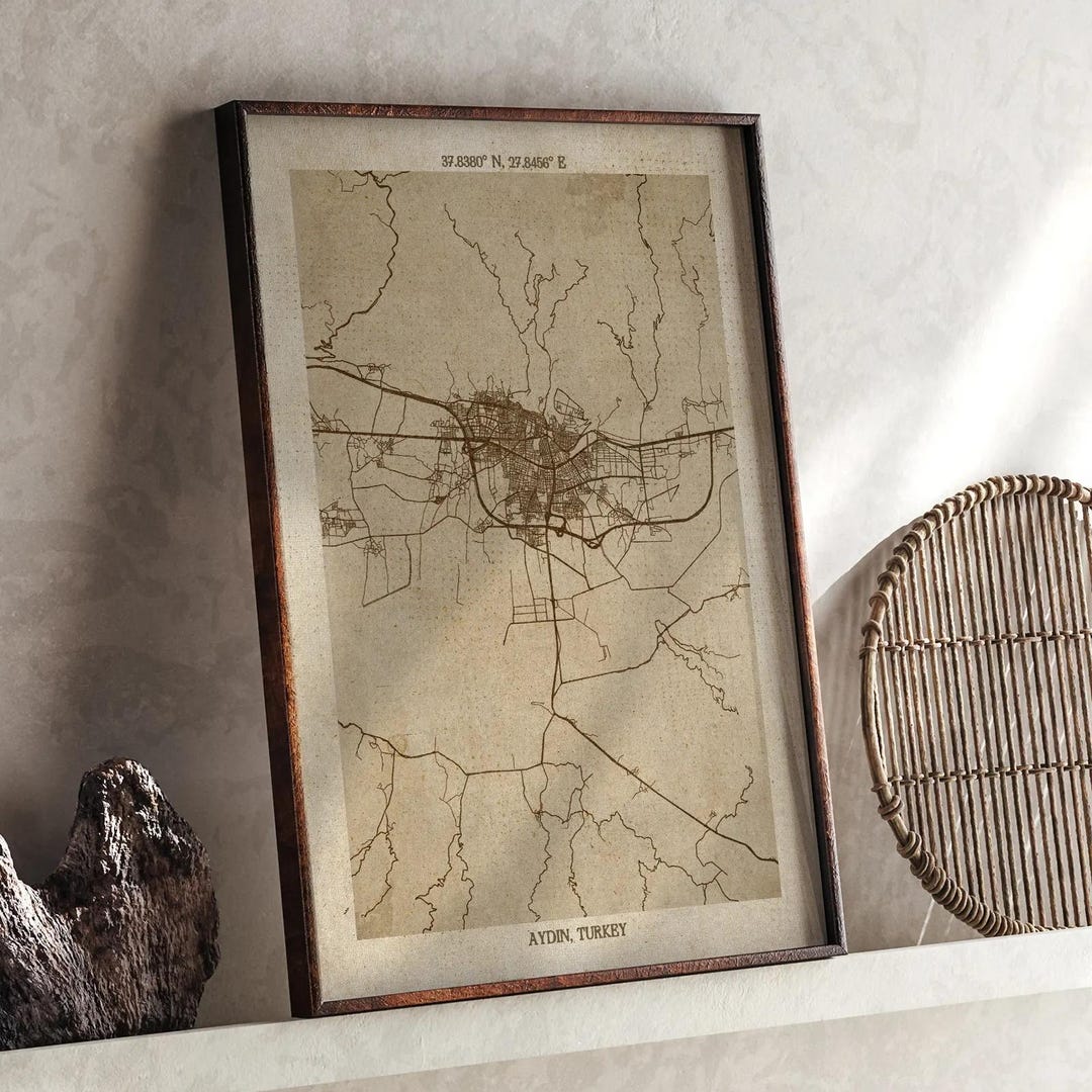 Aydin Map | Vintage Beige Detailed Map Print | Turkey | Travel Gift ...