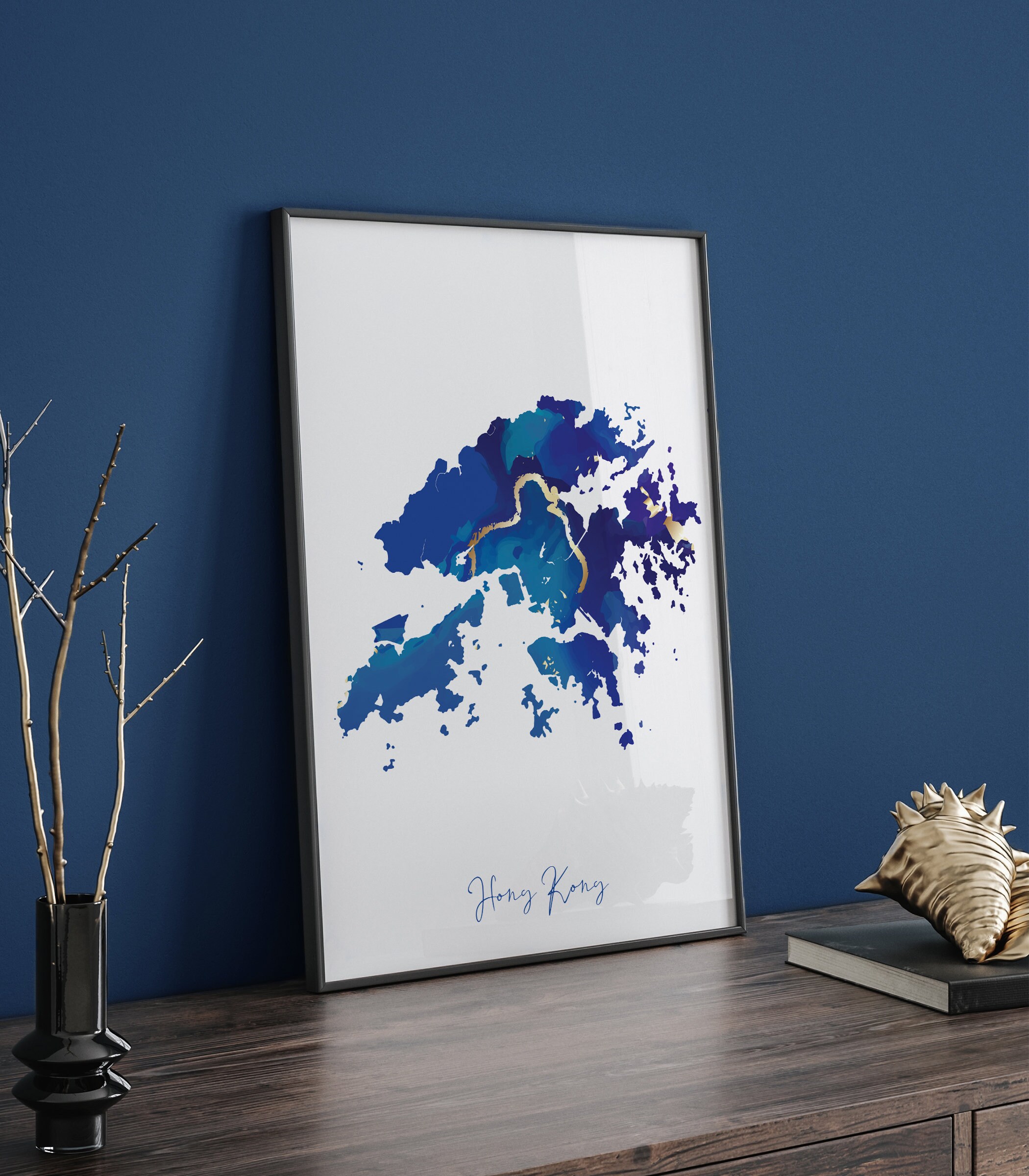 Hong Kong Map Blue and Gold Wall Art Print - Etsy