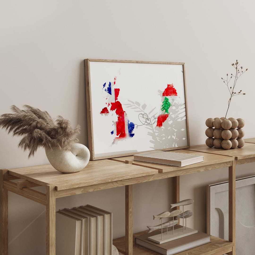 Uk to lebanon Watercolour Flag Map Wall Art Print | United Kingdom to ...