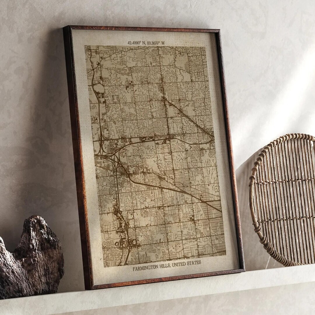 Farmington Hills, Michigan Map | Vintage Beige Detailed Map Print ...