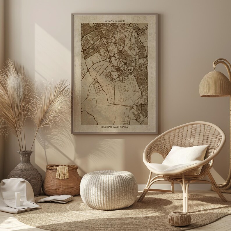 Dhahran, Eastern Map | Vintage Beige Detailed Map Print | Saudi Arabia ...