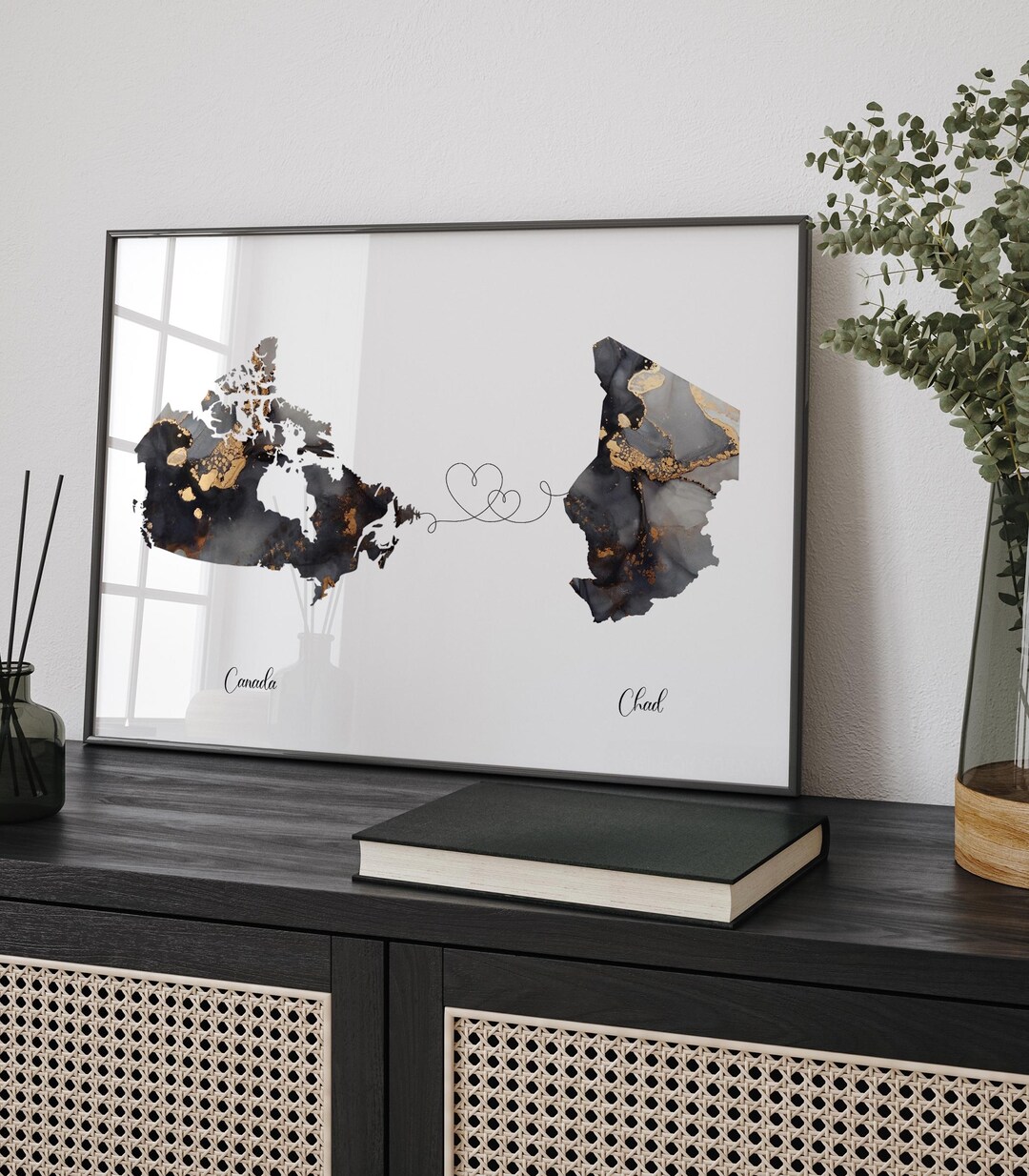 Canada and Chad Map Black & Gold Travel Wall Art Print Canadian ...