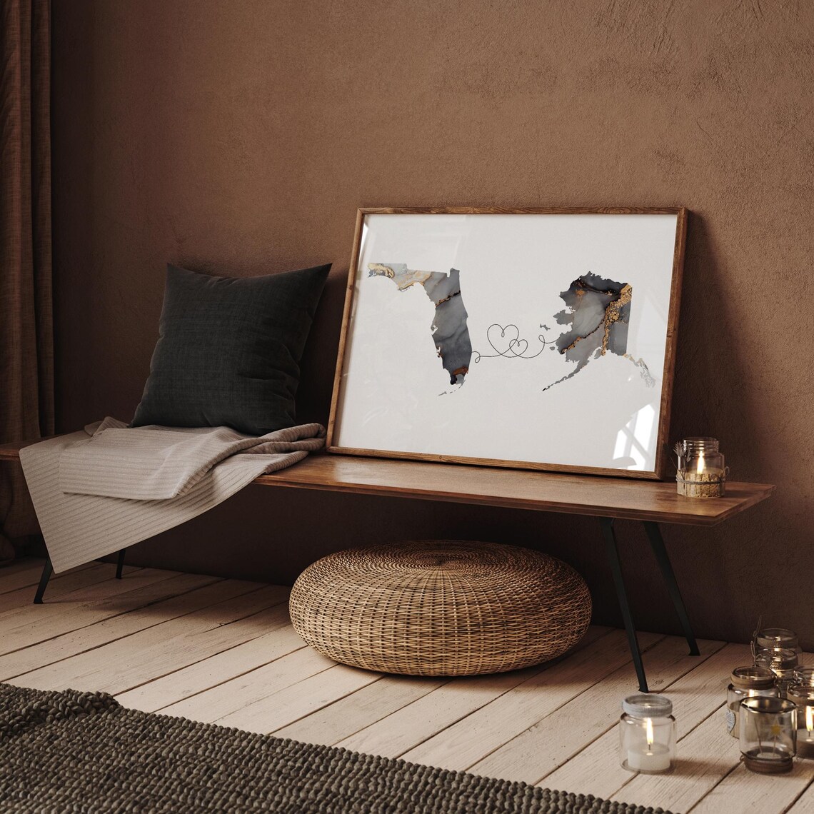 Florida and Alaska Map Black & Gold Travel Wall Art Print | Florida ...