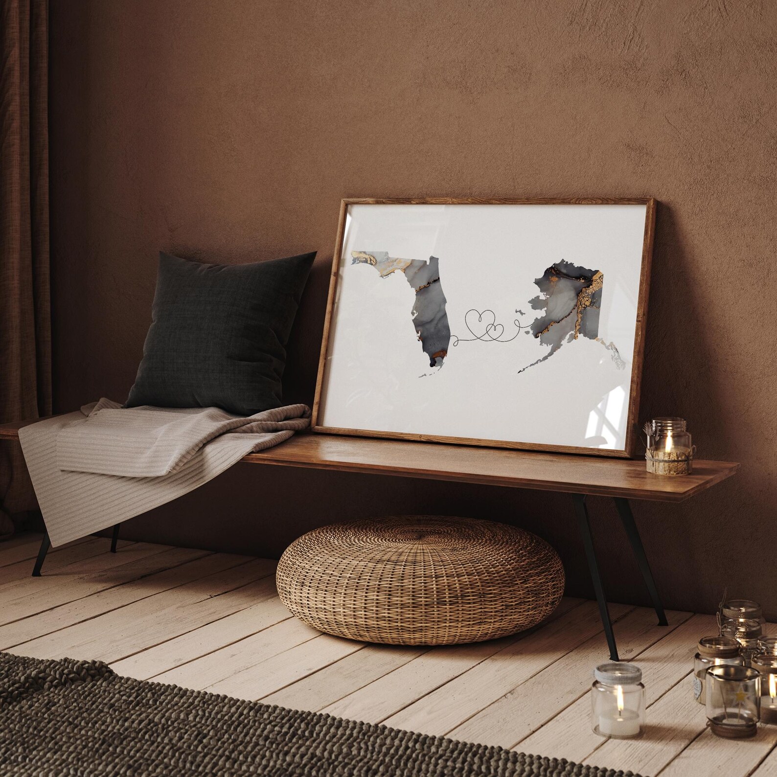 Florida and Alaska Map Black & Gold Travel Wall Art Print | Florida ...